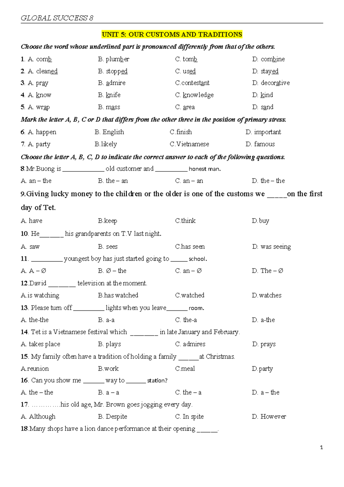 GLOBAL SUCCESS 8 UNIT 5: PRACTICE TEST ON CUSTOMS AND TRADITIONS - Studocu