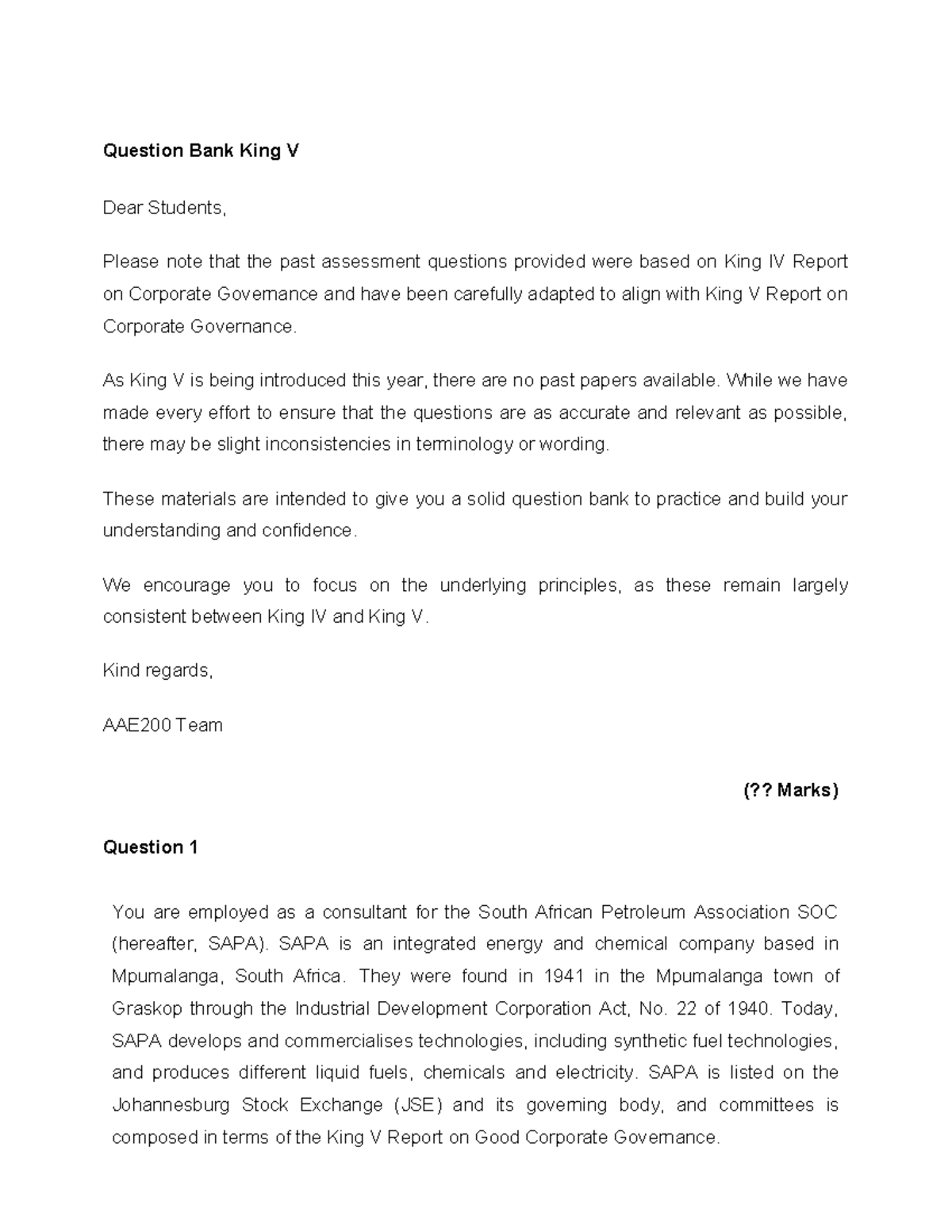 King V Corporate Governance Question Bank AAE200 - Studocu