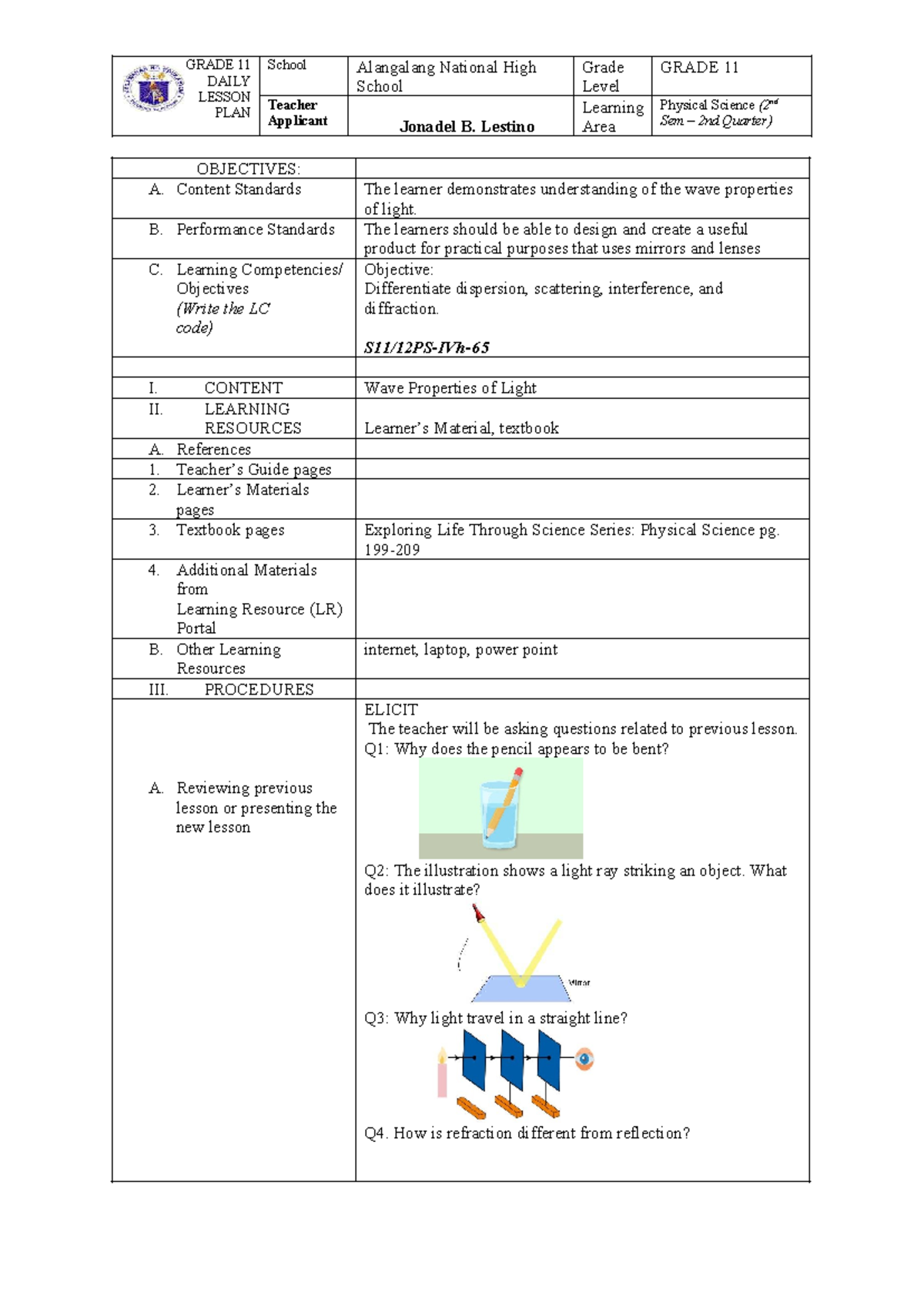 GRADE 11 DAILY LESSON PLAN: Wave Properties of Light (2nd Sem) - Studocu