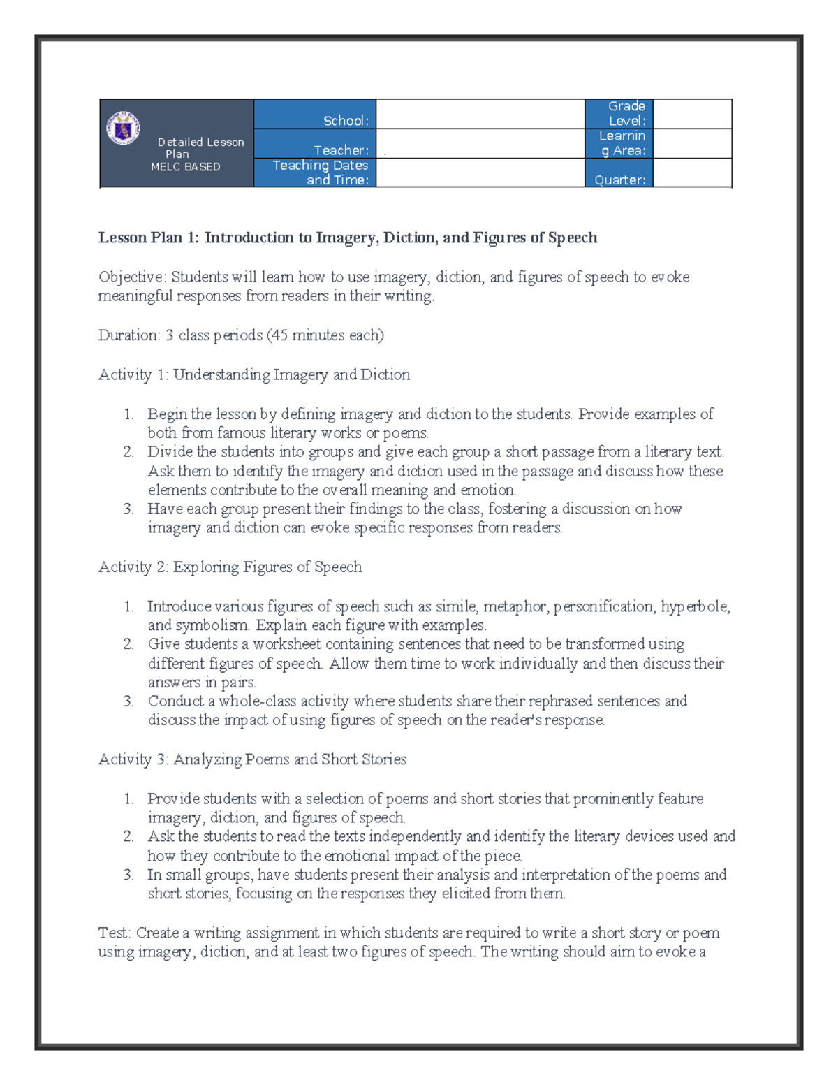 Creative Writing DLP - Detailed Lesson Plans on Imagery and Diction ...
