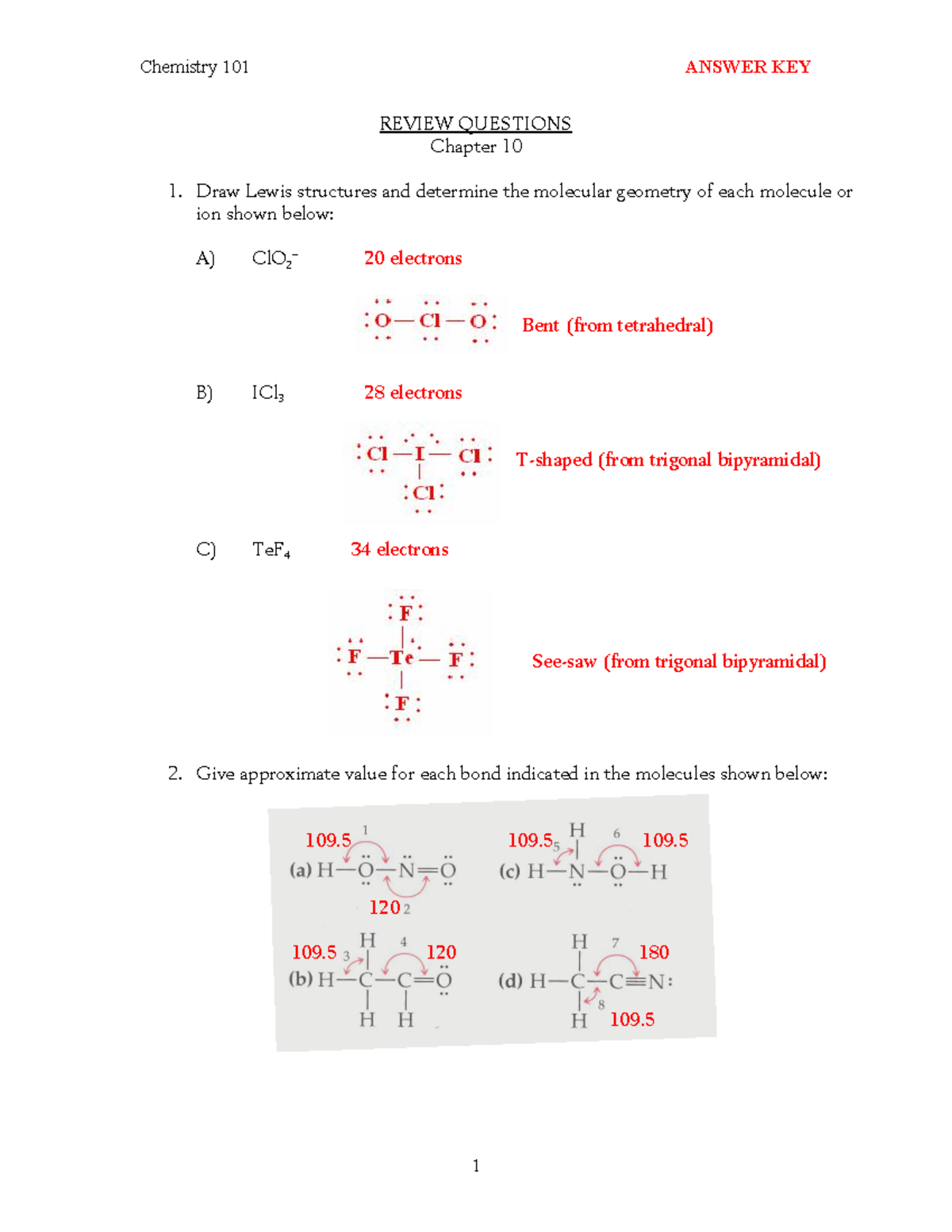 CHE 101 C10 Answer Key - Chapter 10 Review Questions and Solutions ...