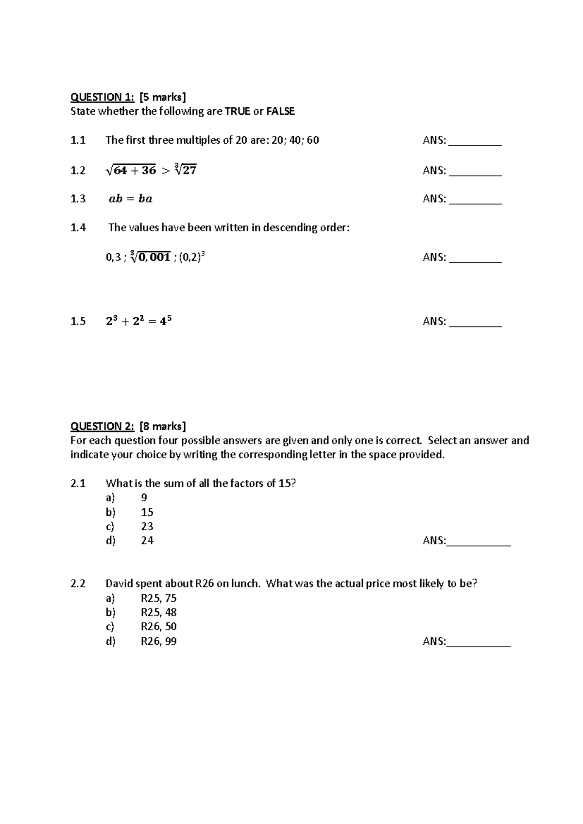 Grade 8 Mathematics Exam Paper 2 & Memo - Studocu