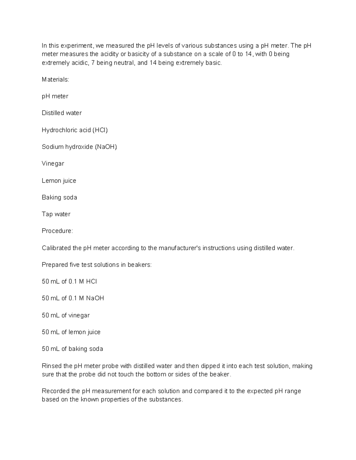 Lab Report: pH Measurement of Various Substances Experiment - Studocu