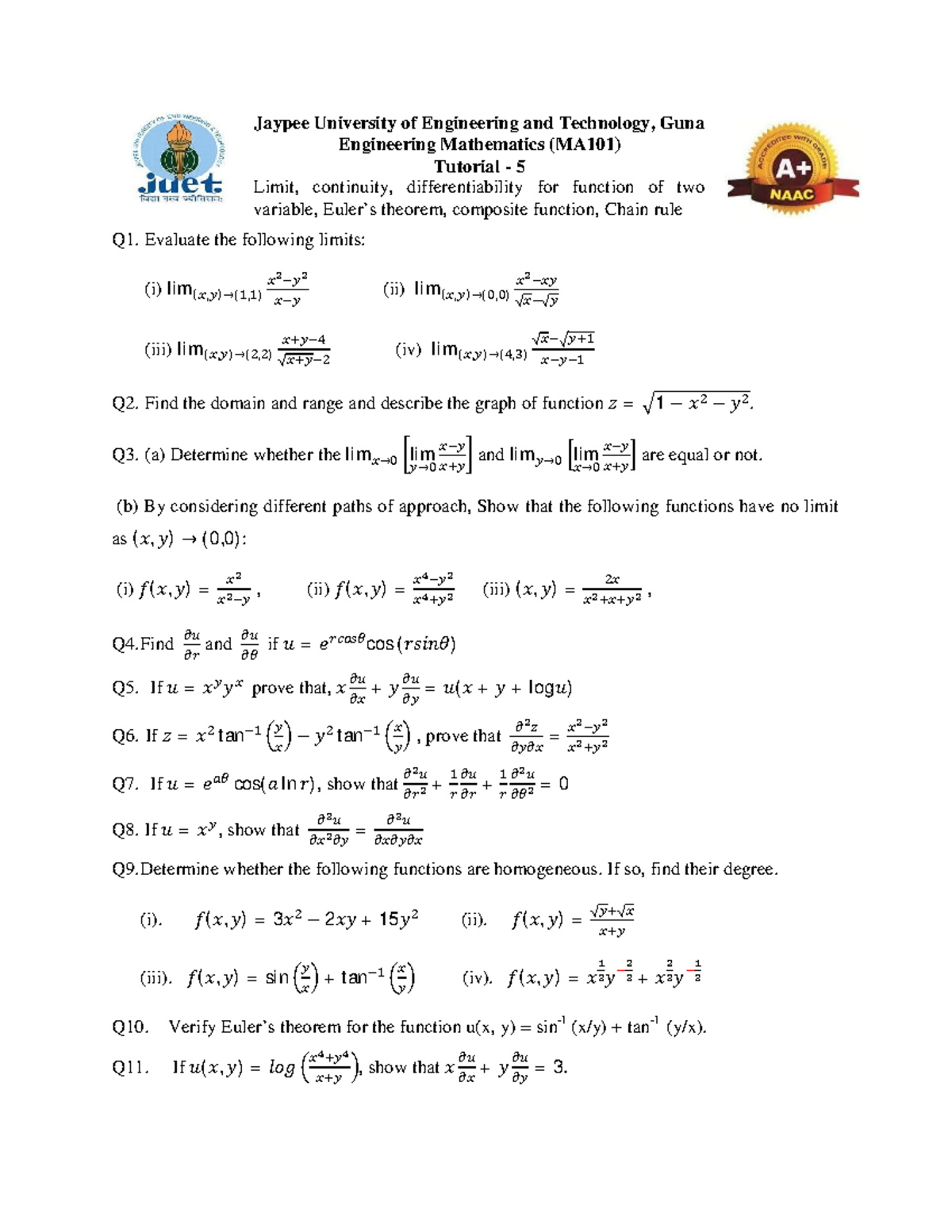 MA101 Engineering Mathematics Tutorial 5: Limits & Continuity - Studocu