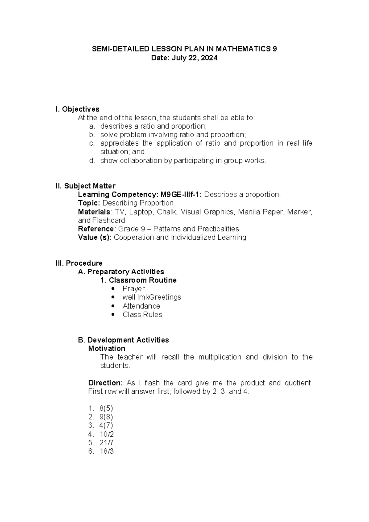 MATH 9 Daily Lesson Plan: Understanding Direct Variation Concepts - Studocu