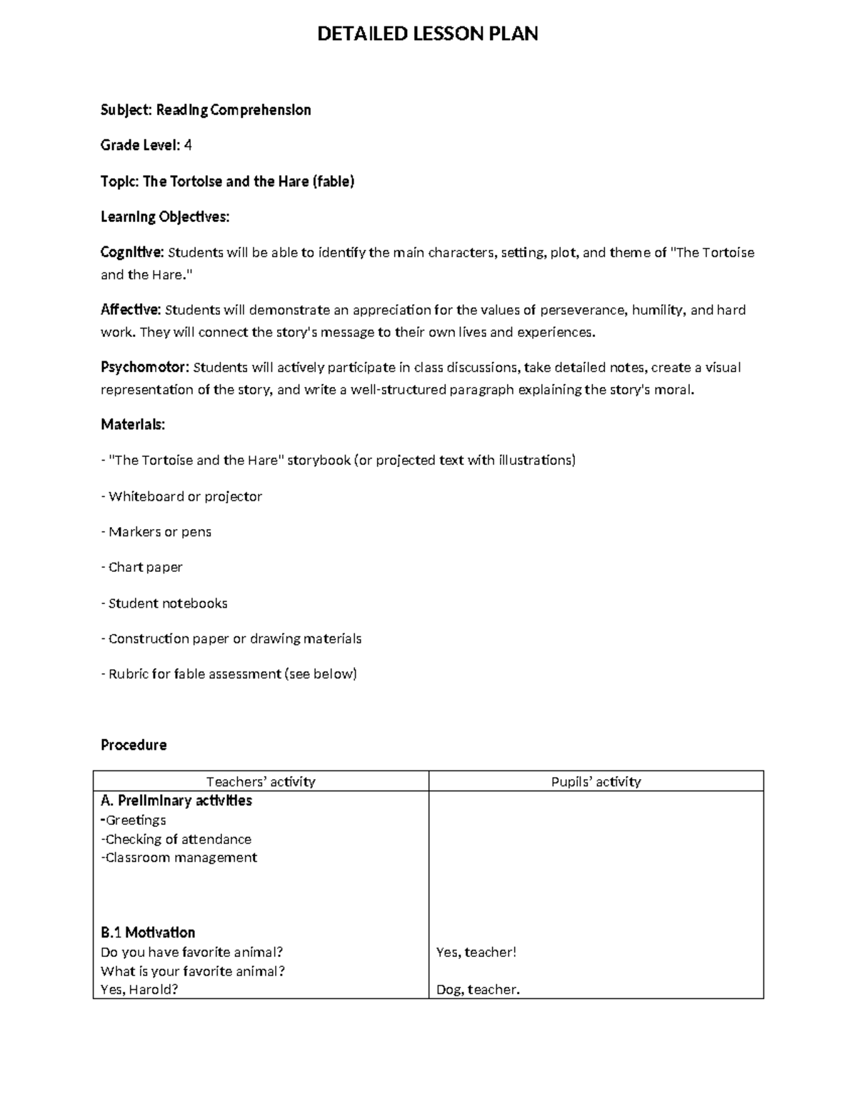 Detailed Lesson Plan: Reading Comprehension (Grade 4) - Tortoise & Hare ...