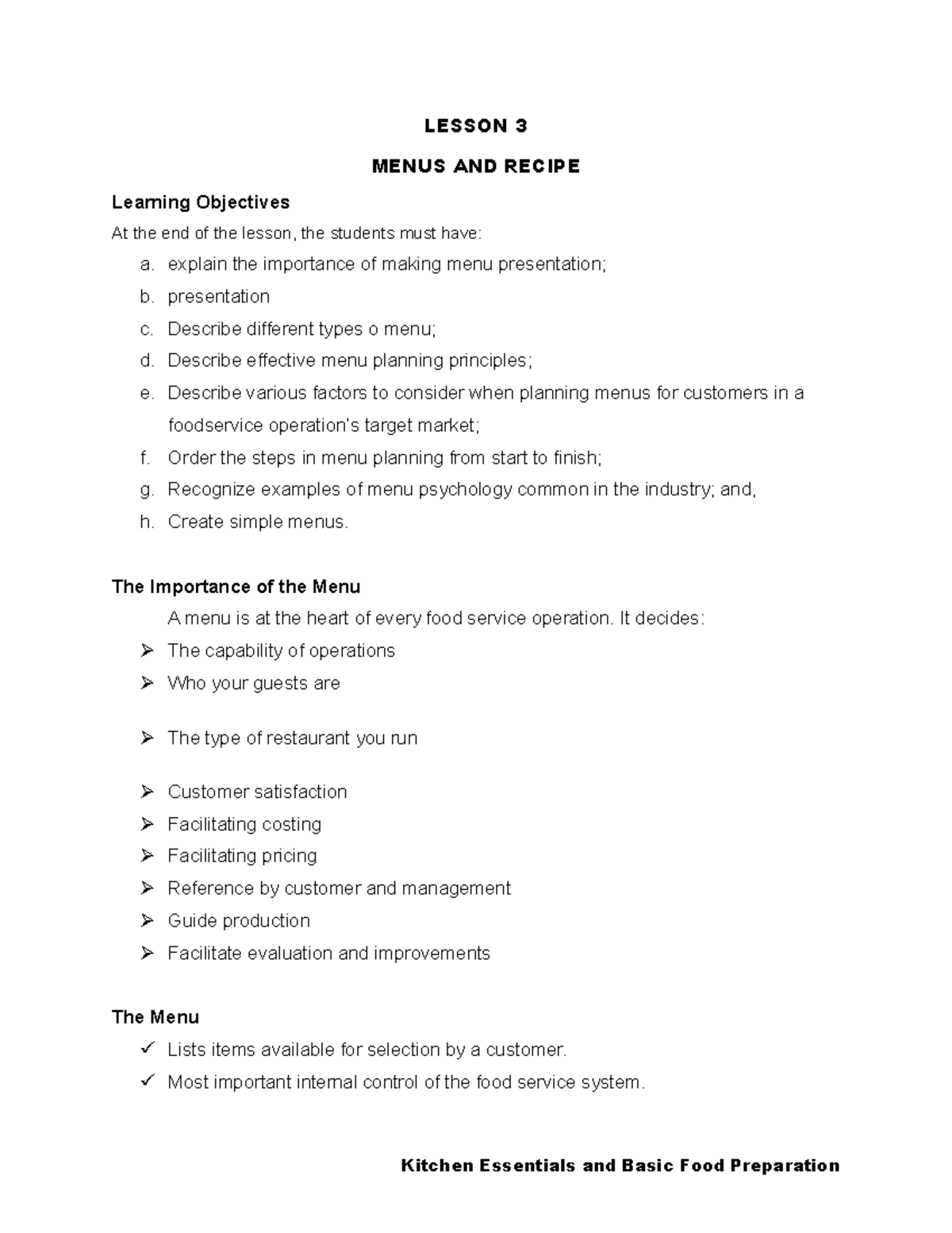 Lesson 3-Menu and Recipe - LESSON 3 MENUS AND RECIPE Learning ...