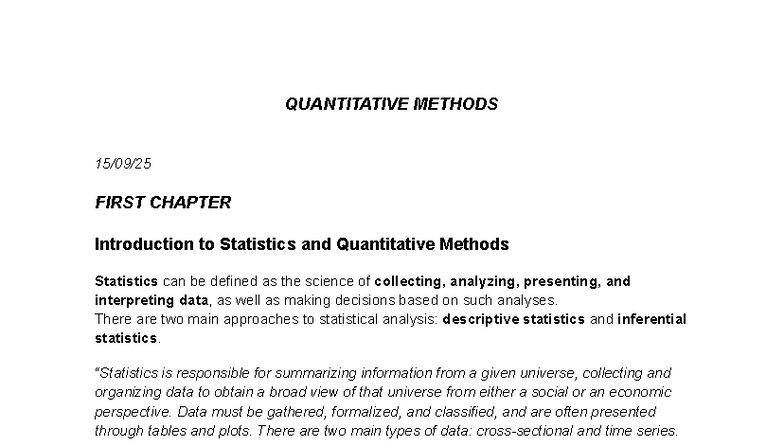 Quantitative Methods - Chapter 1: Introduction to Statistics - Studocu