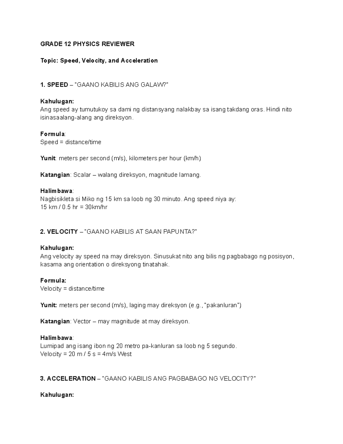GRADE 12 PHYSICS REVIEWER: Speed, Velocity, and Acceleration Concepts - Studocu
