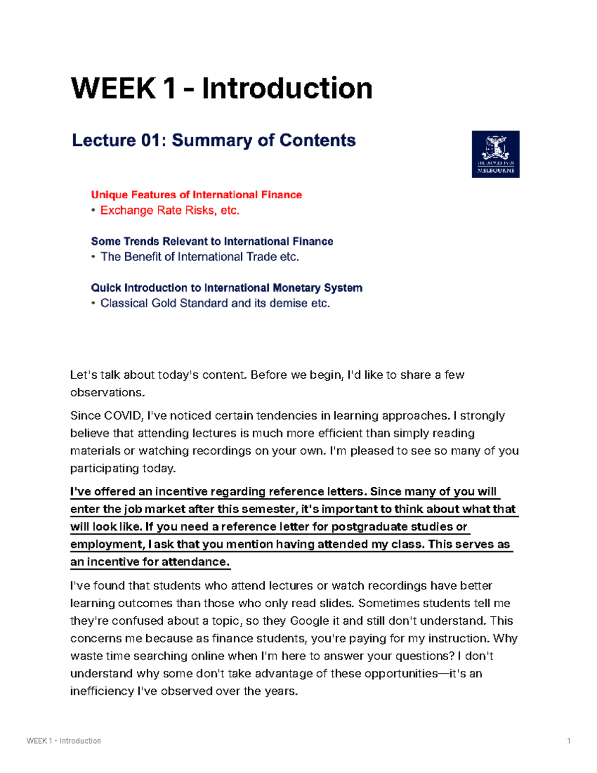 IF1 - Week 1 Lecture Transcript: Introduction to International Finance ...