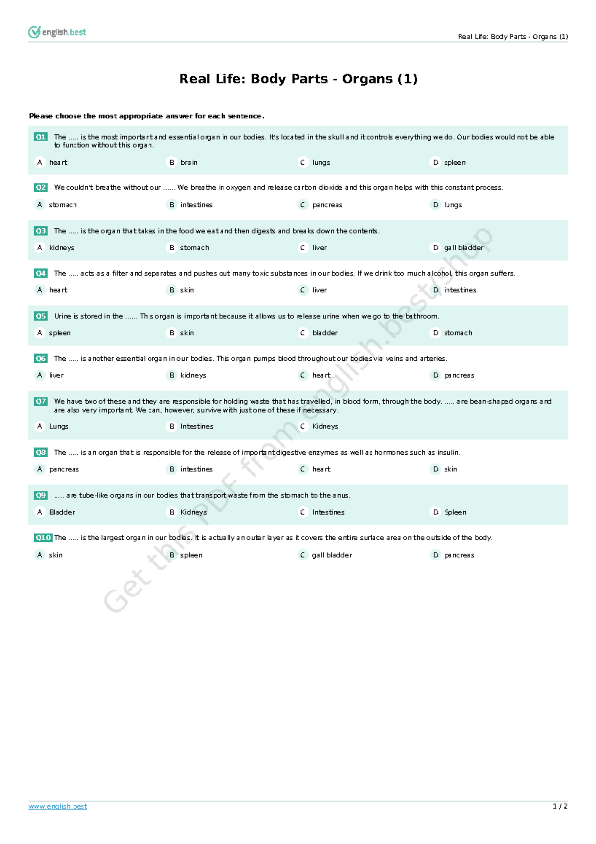 Body Parts: Essential Organs - Quiz & Notes (Bio 101) - Studocu