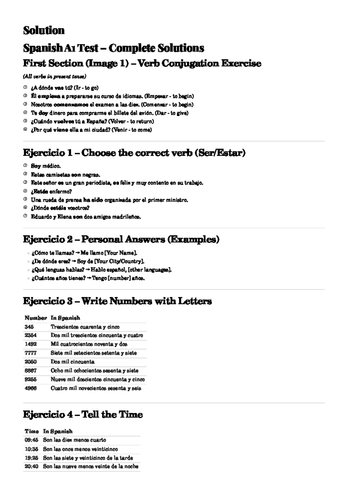 Spanish A1 Test Solutions: Verb Conjugation & Exercises - Studocu