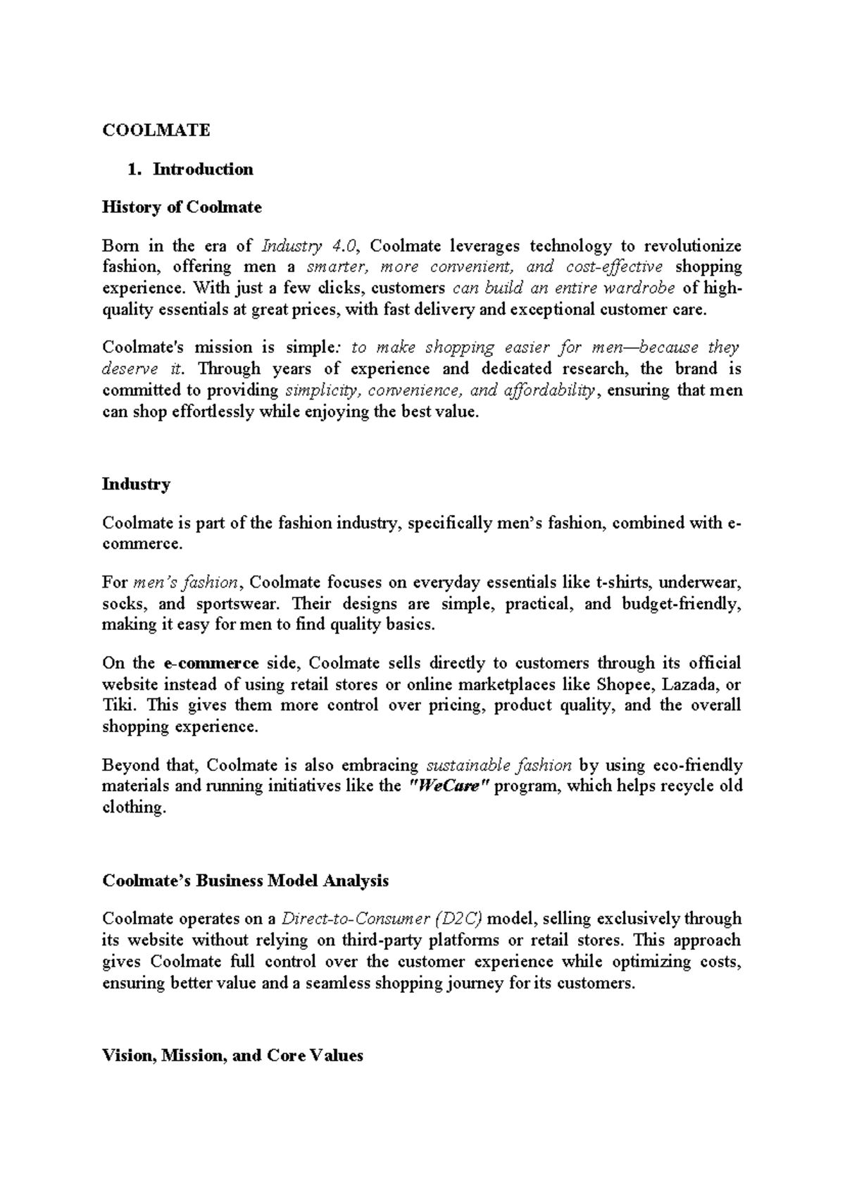 Coolmate Start-up Analysis: Embracing D2C in Men's Fashion - Studocu