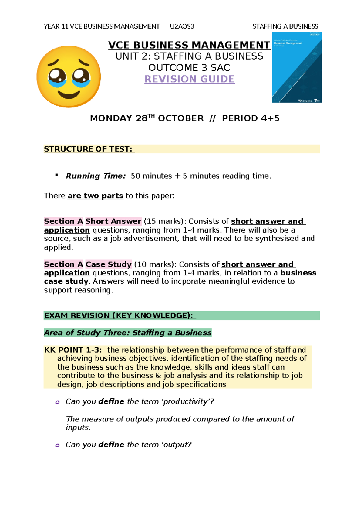 Unit 2 AOS 3 Staffing Business Revision Guide - MONDAY 28TH OCTOBER ...