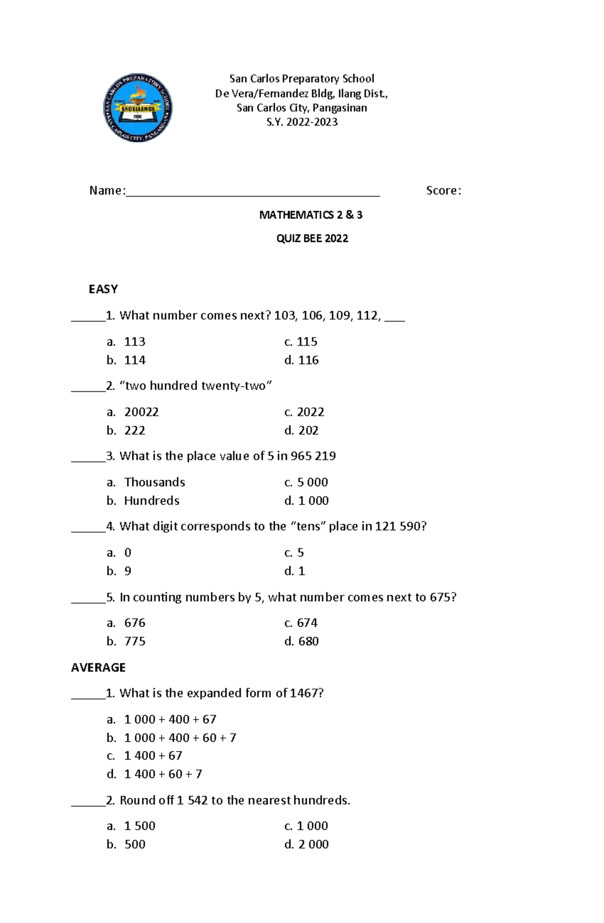 MATHEMATICS 2 & 3 QUIZ BEE 2022 ANSWER KEY - Studocu