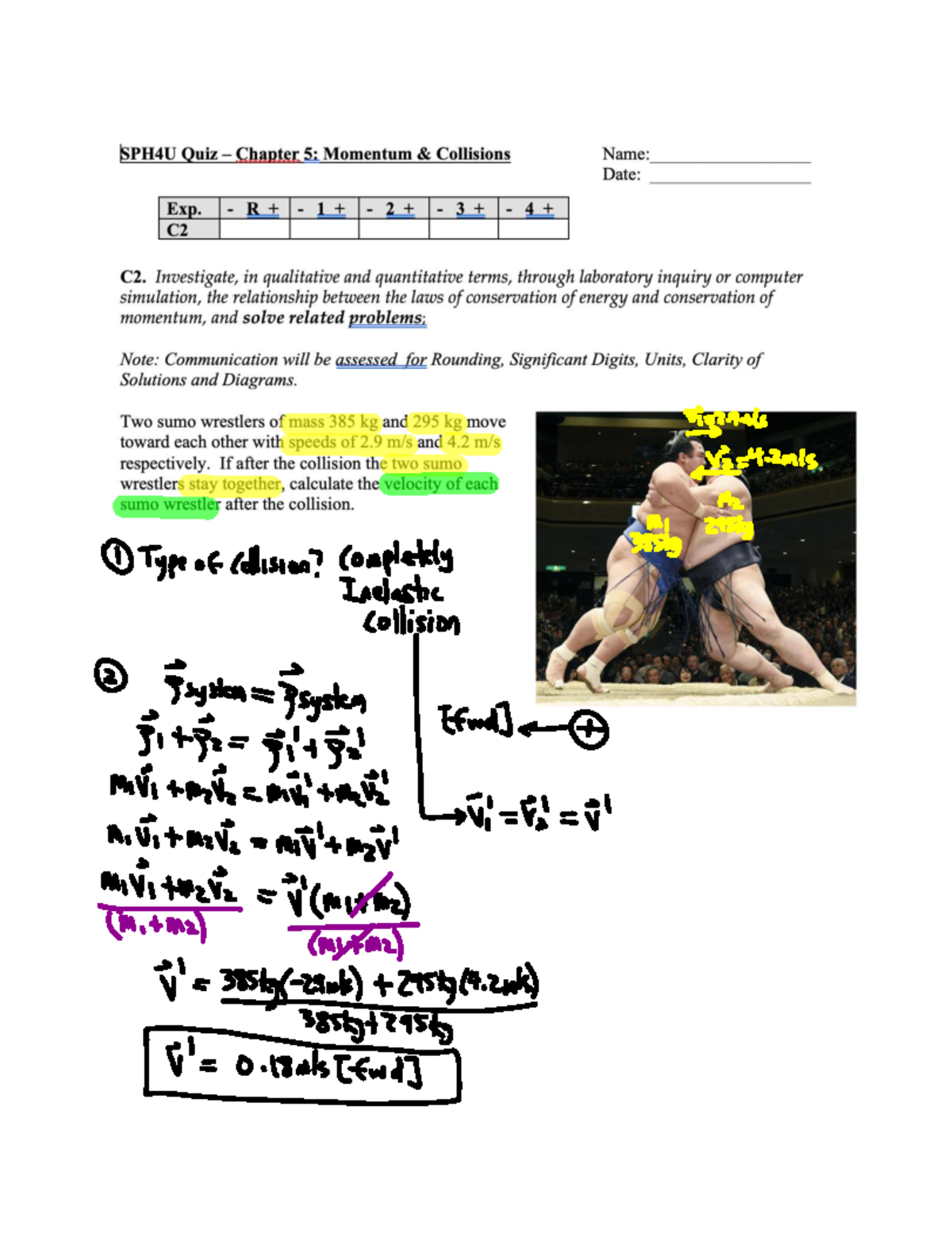 SPH4U Quiz: Chapter 5 - Momentum and Collisions Analysis - Studocu