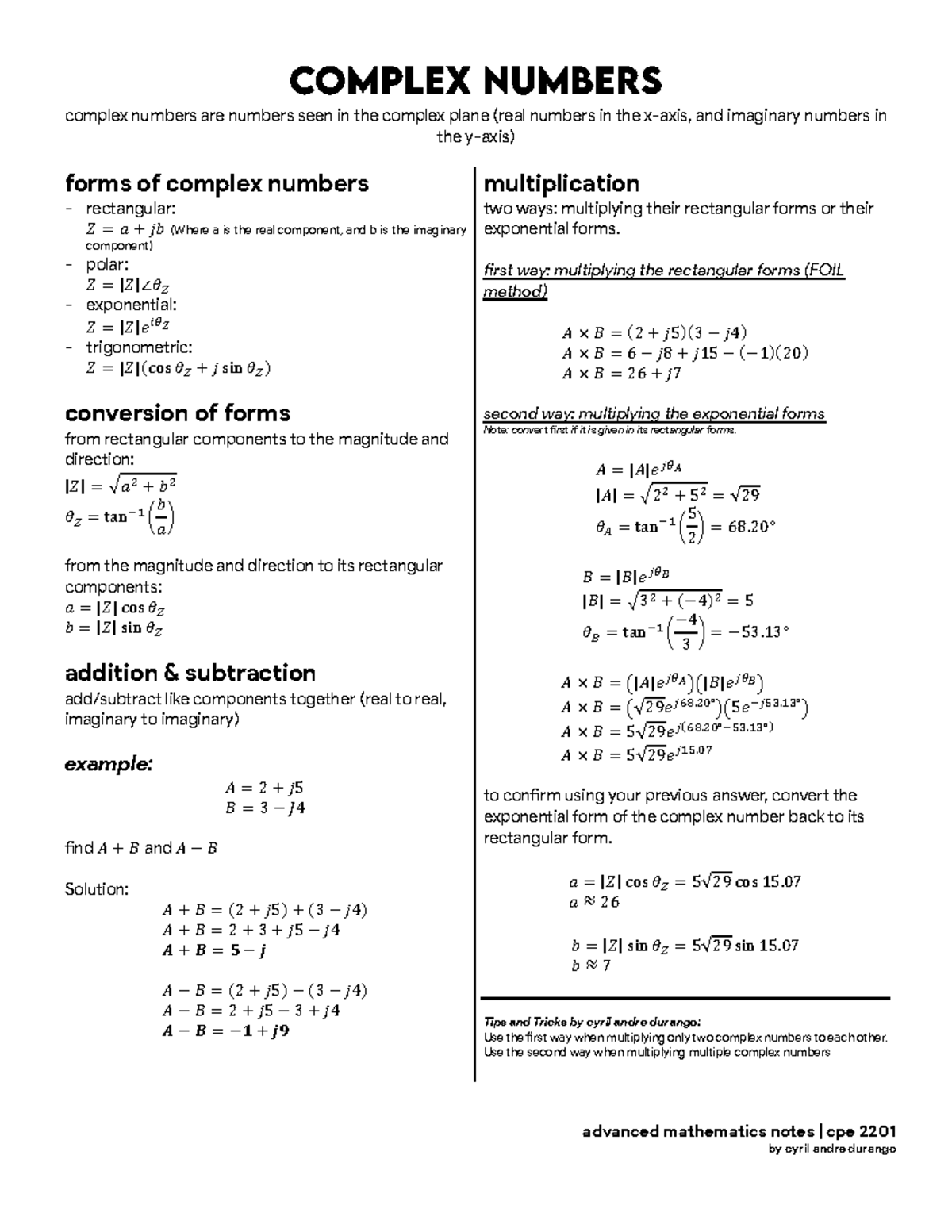 Advanced Mathematics Notes: Complex Numbers & Fourier Series (CPE 2201 ...