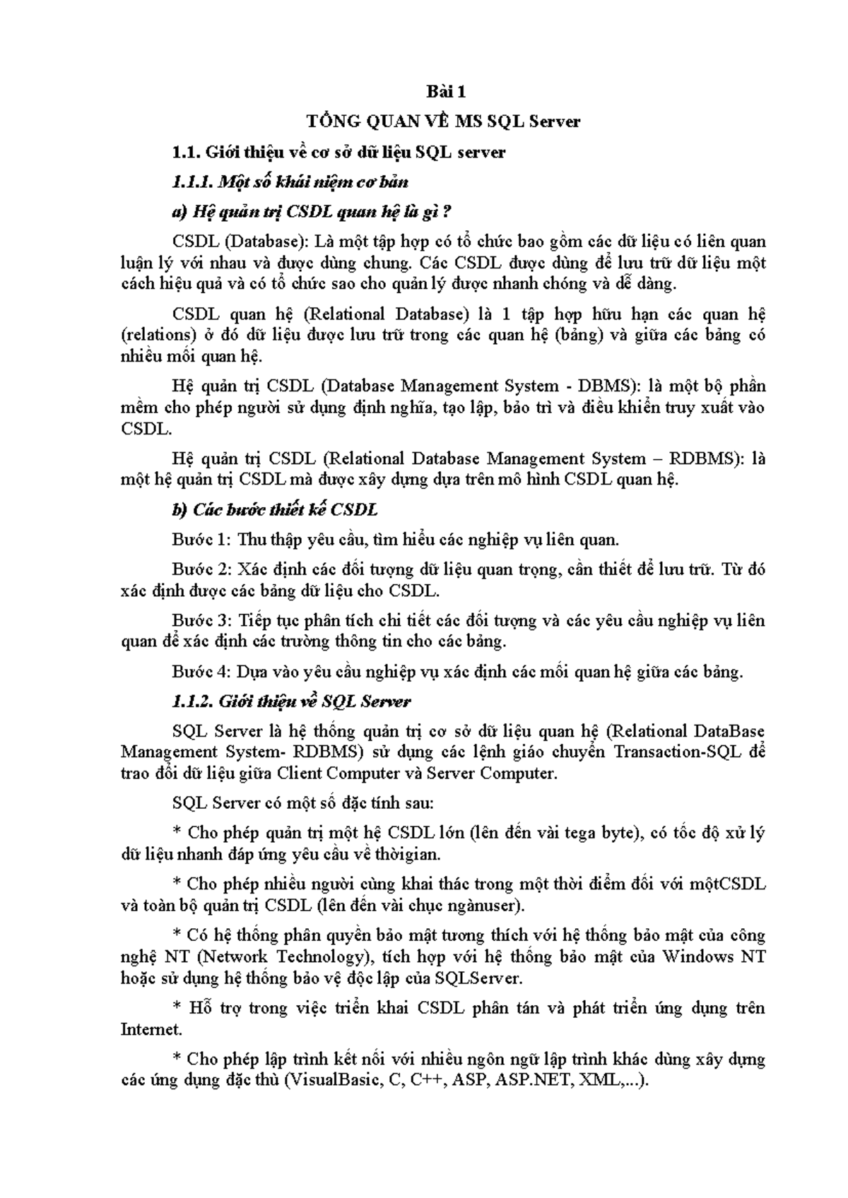 Bài giảng Quản trị CSDL với SQL Server - Tổng quan về MS SQL Server ...