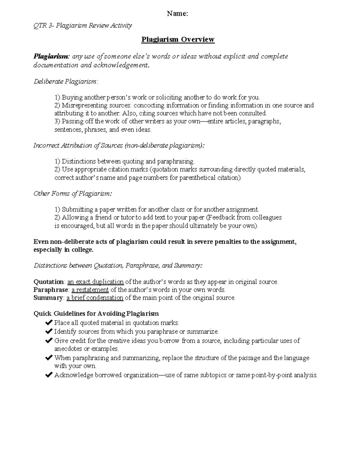 QTR 3 - Comprehensive Plagiarism Review and Worksheet Activities - Studocu