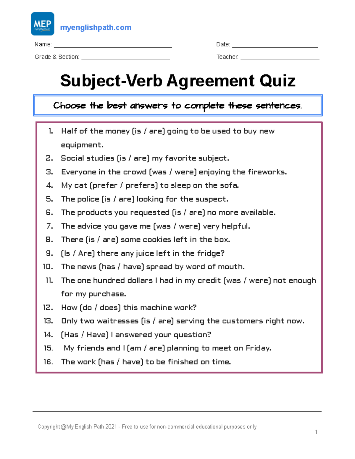 Subject Verb Agreement Quiz with Answers - Subject-Verb Agreement Quiz ...