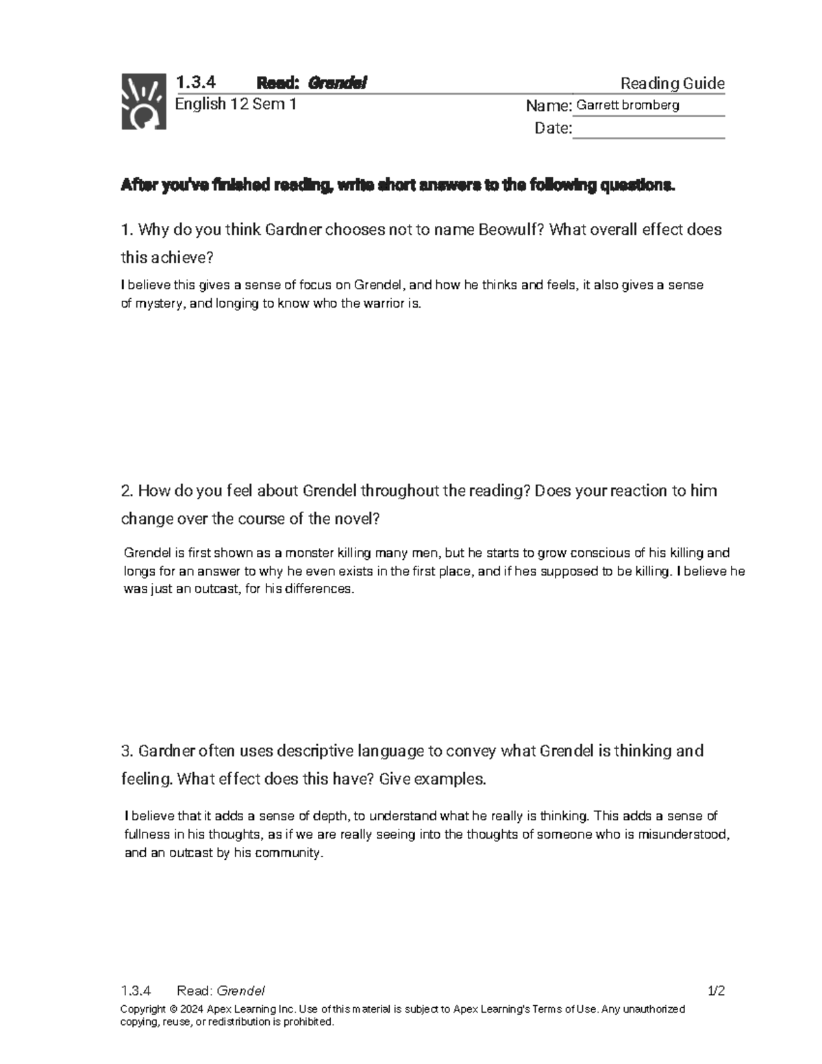 English 12 Sem 1: Grendel Reading Guide and Analysis Questions - Studocu