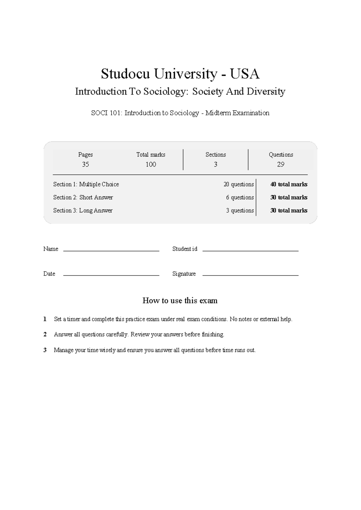 SOCI 101: Sociology Midterm Exam - Society and Diversity Insights - Studocu