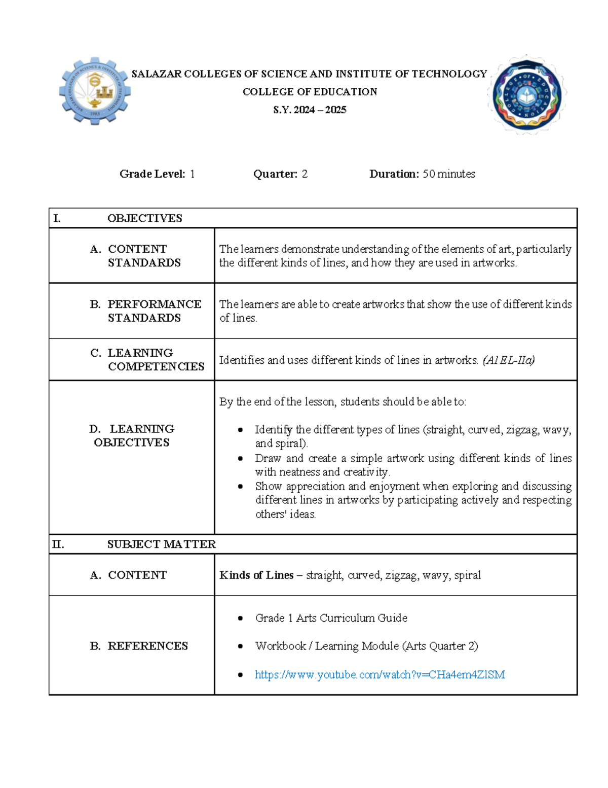Grade 1 Arts Lesson Plan: Exploring 8 Types of Lines (S.Y. 2024-2025 ...