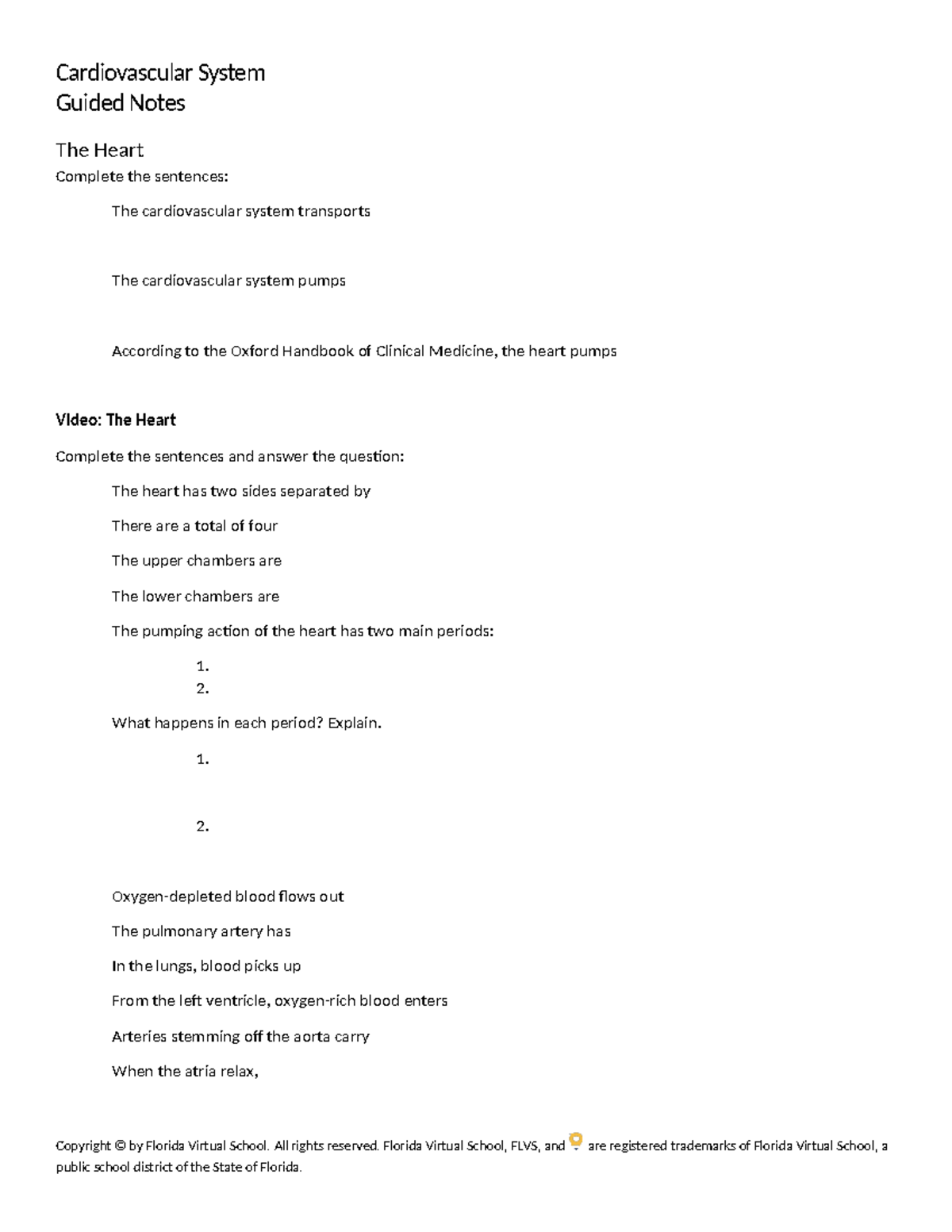 Guided Notes: Cardiovascular System (BIO 101) - The Heart & Disorders ...