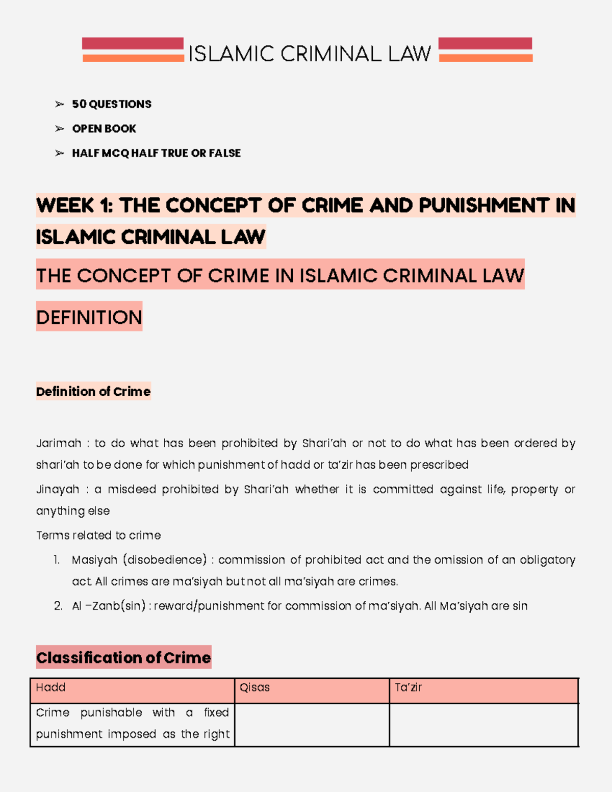 Islamic Criminal Law: Key Concepts and Q&A for Quiz Preparation - Studocu