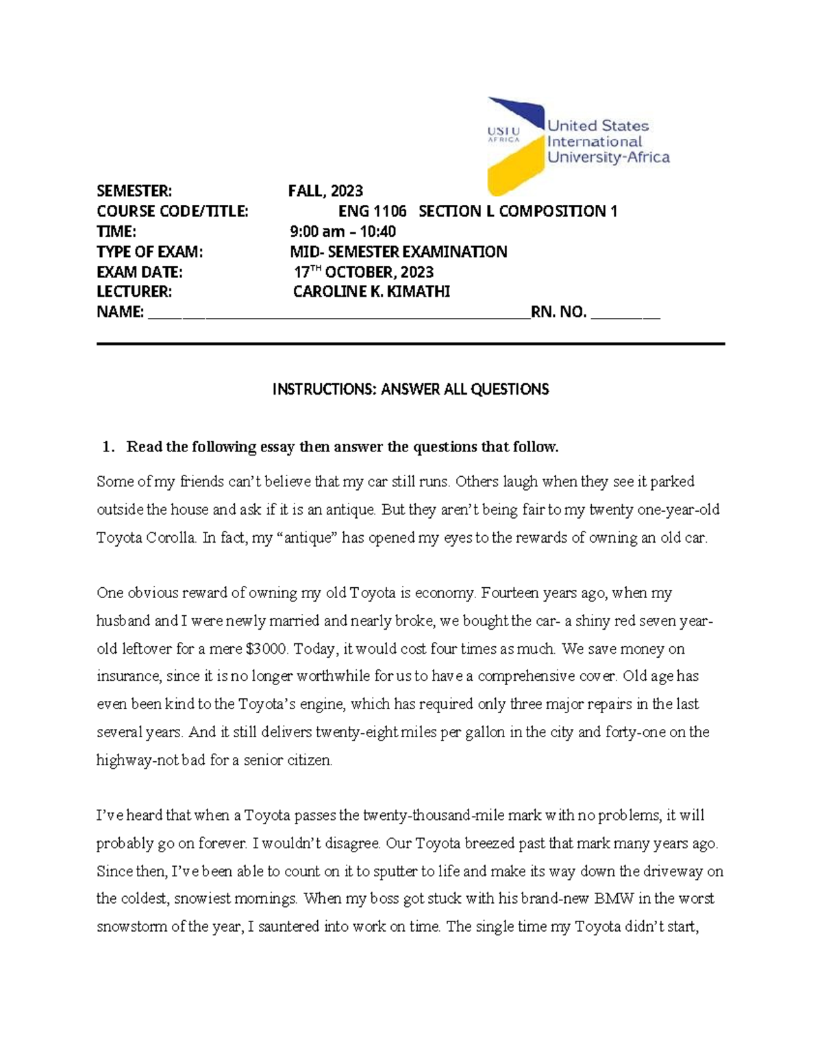 ENG 1106L MID-SEM EXAM ESSAY: OLD CARS & THEIR VALUE - Studocu