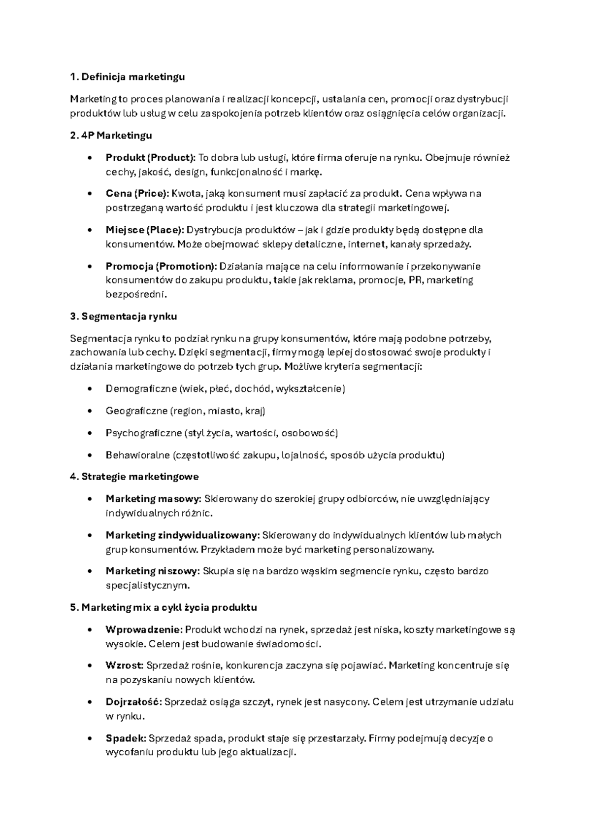 Marketing notatki - 1. Definicja marketingu Marketing to proces ...