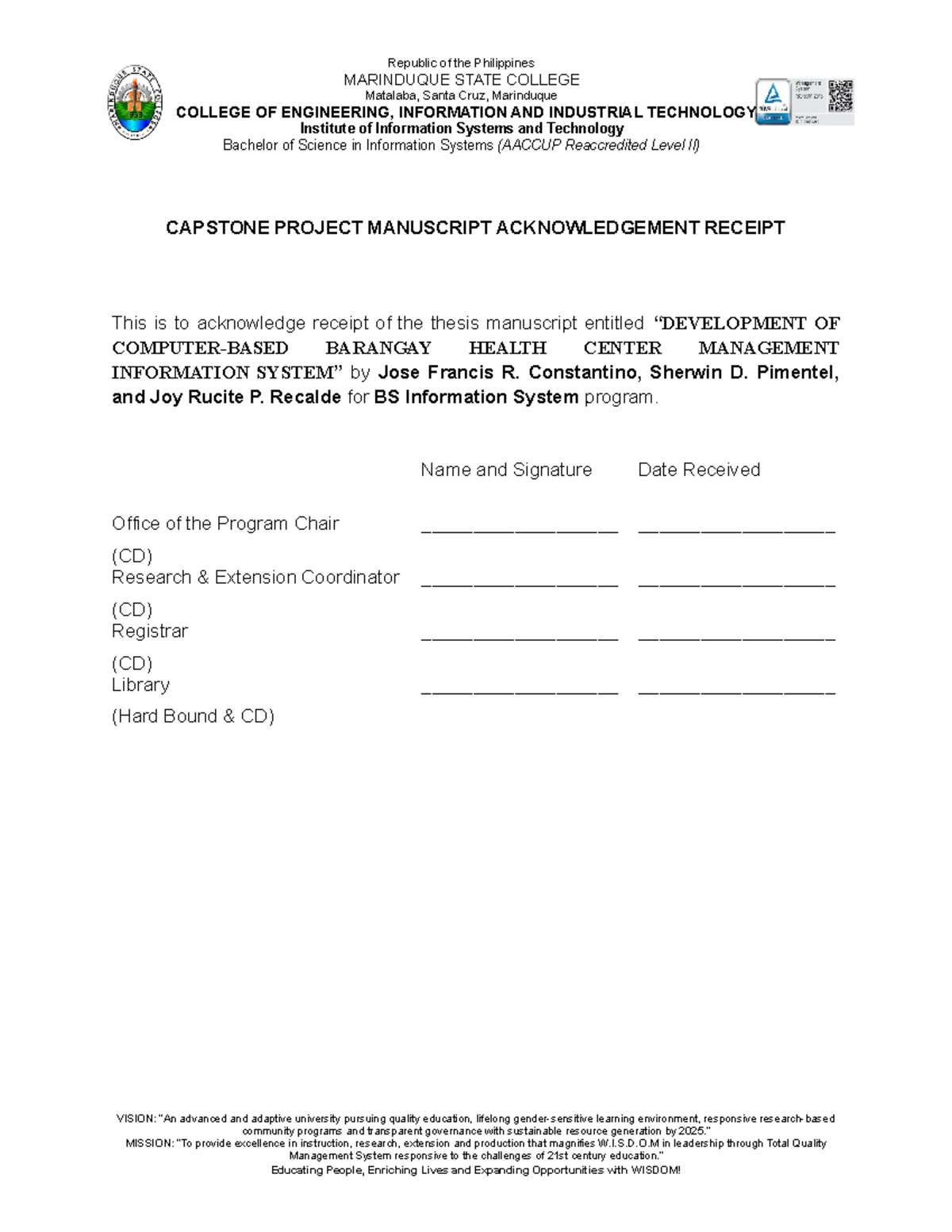 Capstone Project Manuscript Acknowledgement Receipt 1 - Republic of the ...