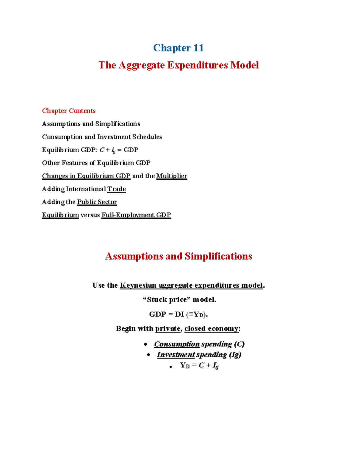 Economic Chapter 11: The Aggregate Expenditures Model Overview - Studocu