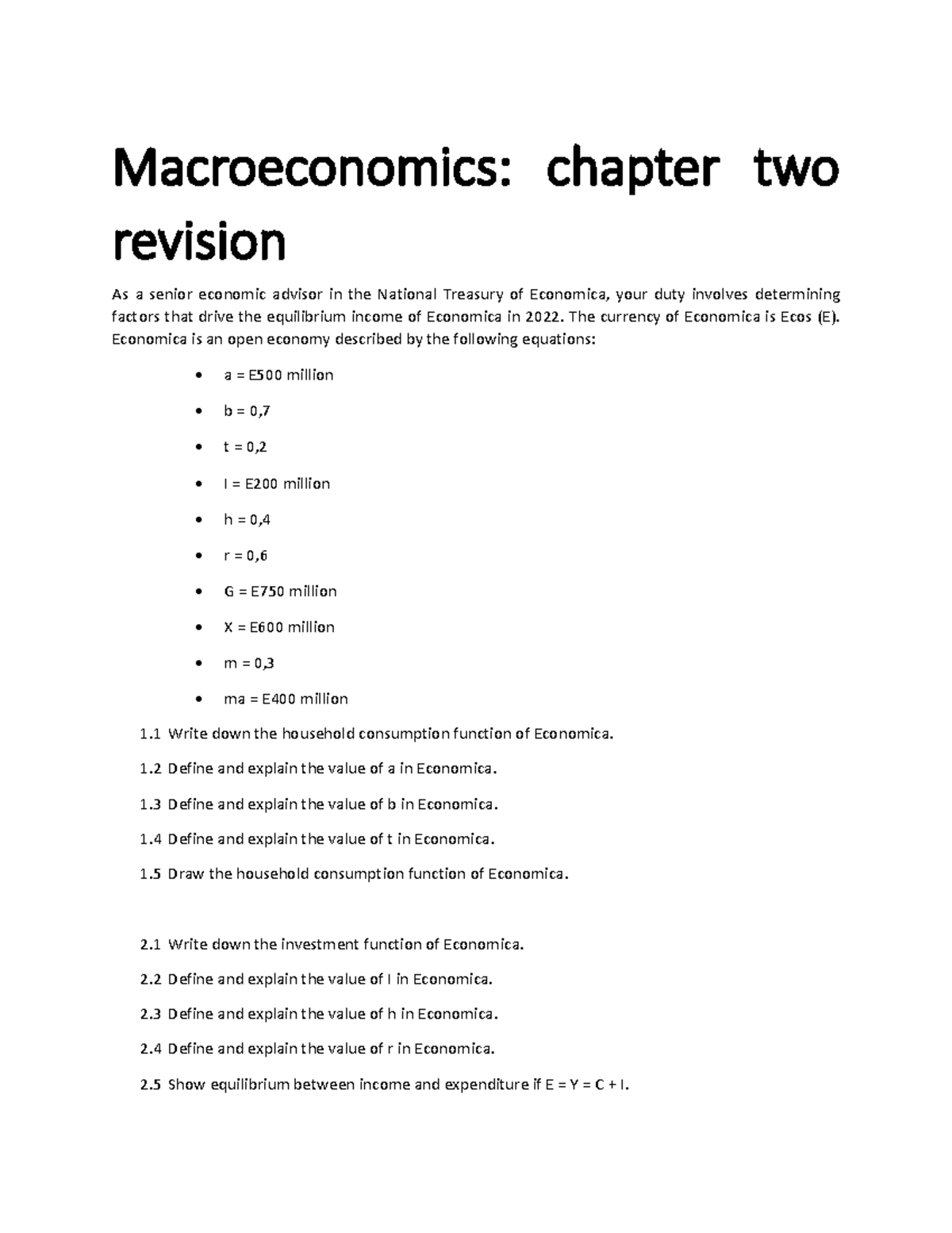 Macroeconomics: Chapter 2 Revision for Equilibrium Income Analysis ...