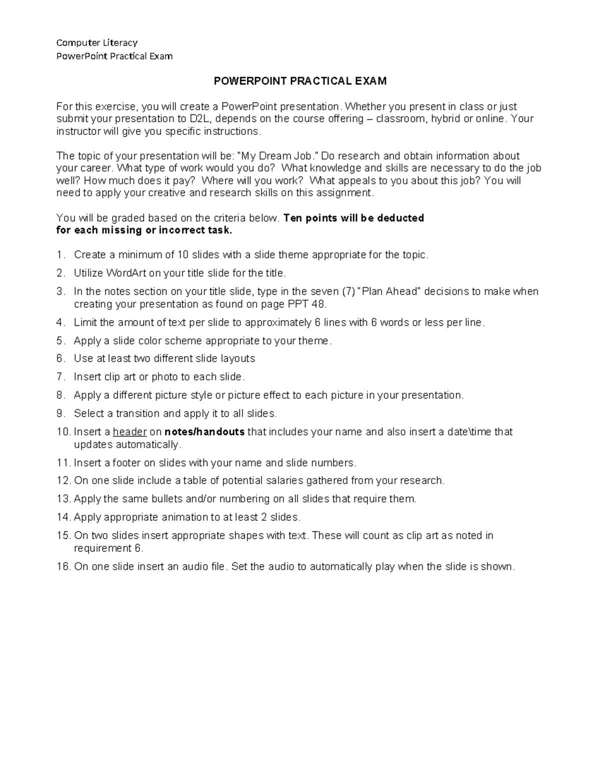 COMP 101: PowerPoint Practical Exam on "My Dream Job" - Studocu