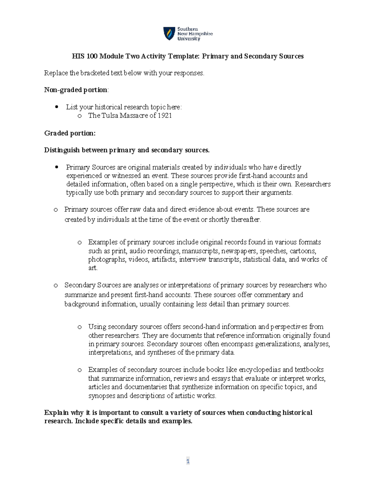 HIS 100 Module Two Activity: Analyzing Primary & Secondary Sources ...