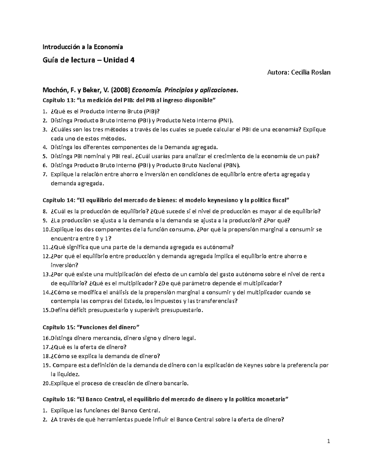Guía de lectura - Unidad 4 - 1 Introducción a la Economía Guía de ...
