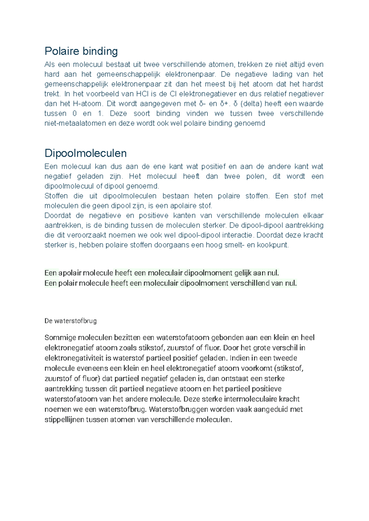 Chemie 101: Polaire Binding en Dipoolmoleculen Uitleg - Studocu