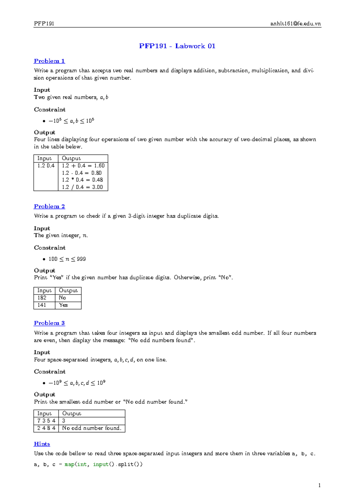 PFP191 Labwork 01 - Python Programming Exercises - Studocu