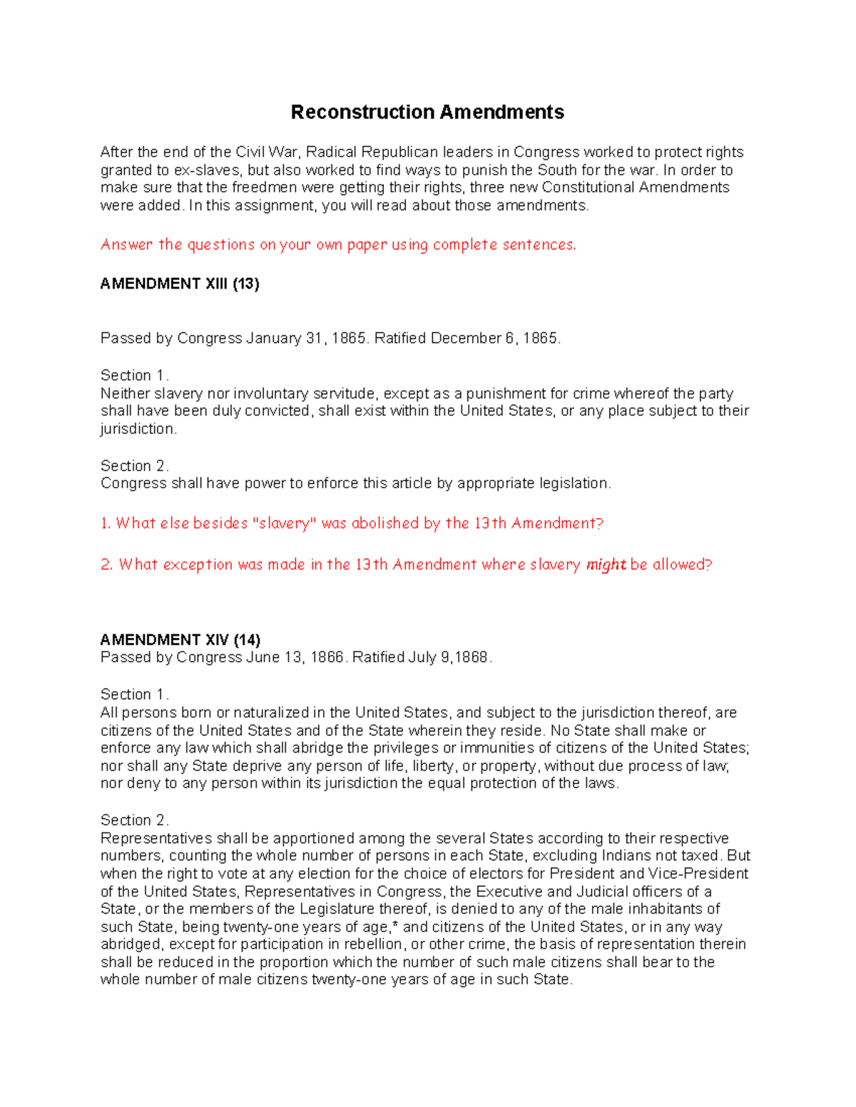 The Reconstruction Amendments: 13th, 14th, and 15th Overview - Studocu
