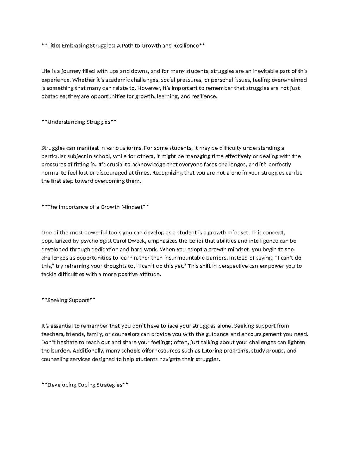 Embracing Struggles - Essay - Title: Embracing Struggles: A Path to ...