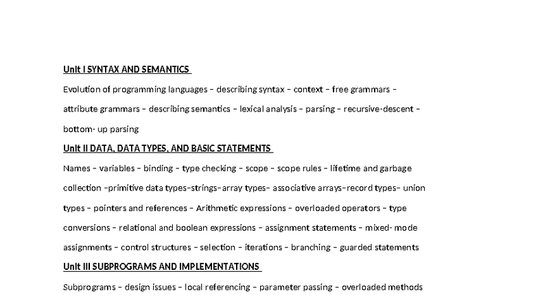 Unit I: Syntax and Semantics in Programming Languages - Studocu