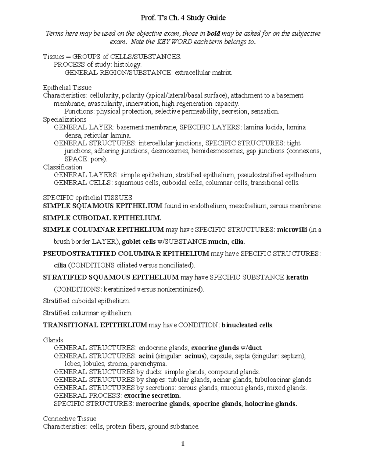 Prof. T's Ch. 4 Study Guide: Tissue Types & Functions Overview - Studocu