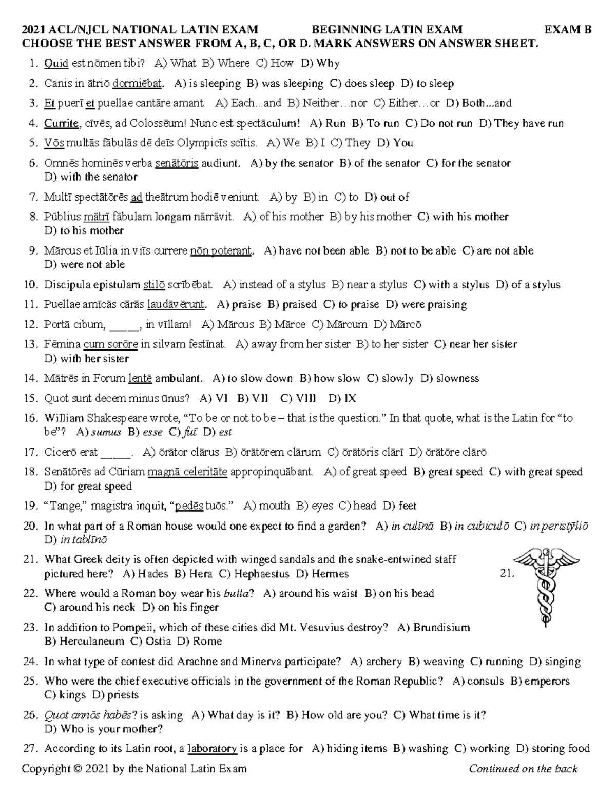 2021 Beginning Latin Exam - 21. 2021 ACL/NJCL NATIONAL LATIN EXAM ...