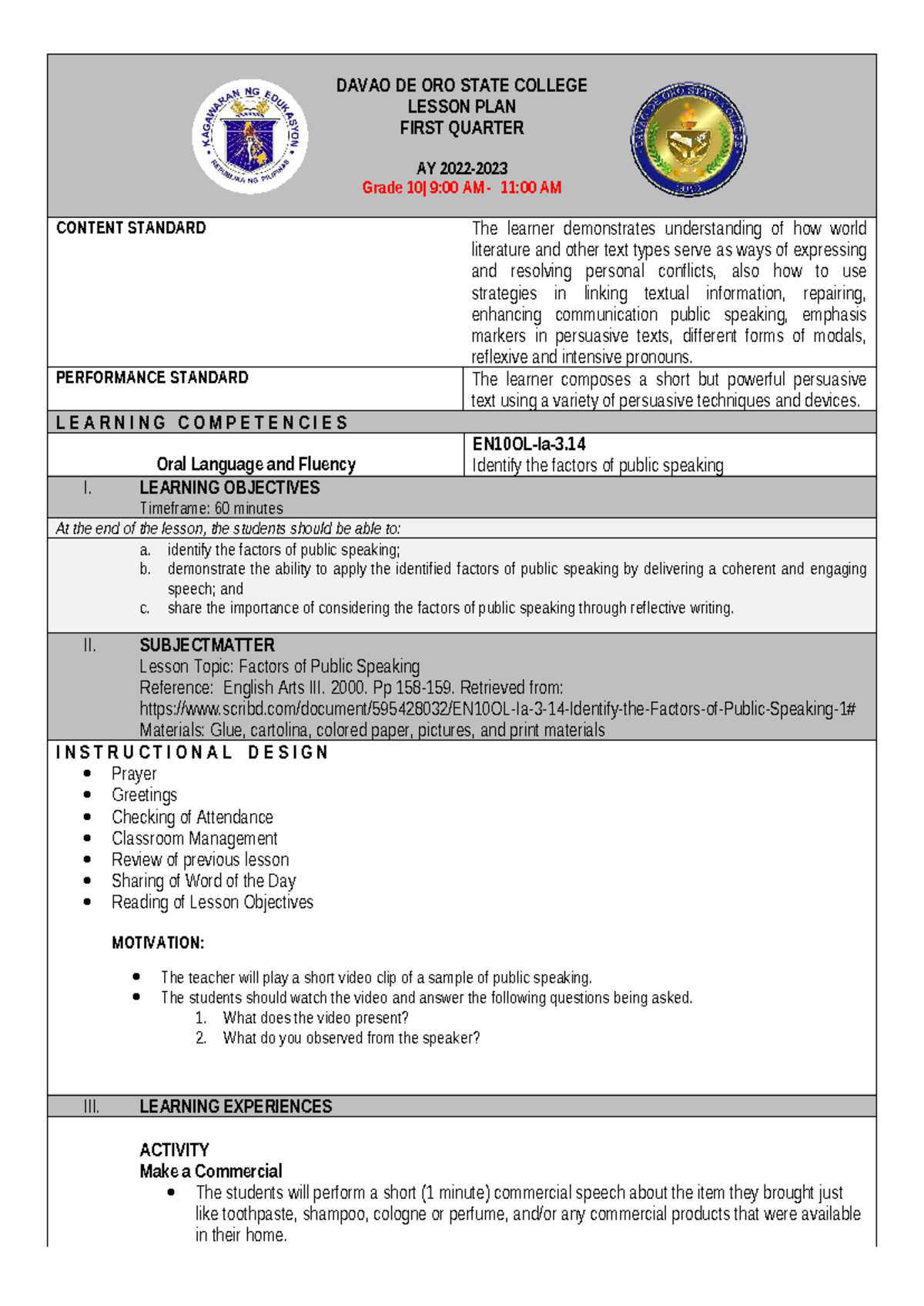 Factors of Public Speaking Lesson Plan (Grade 9) - Studocu