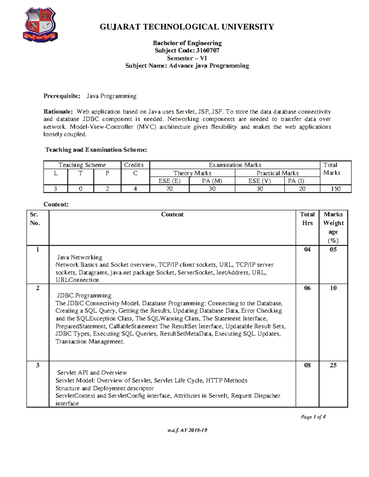 Advanced Java Programming Syllabus – BE 3160707, Semester VI - Studocu