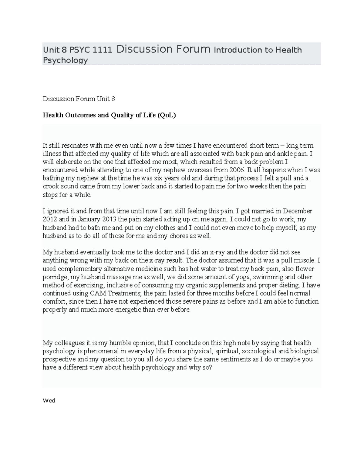Unit 8 PSYC 1111 Discussion Forum Introduction to Health Psychology ...