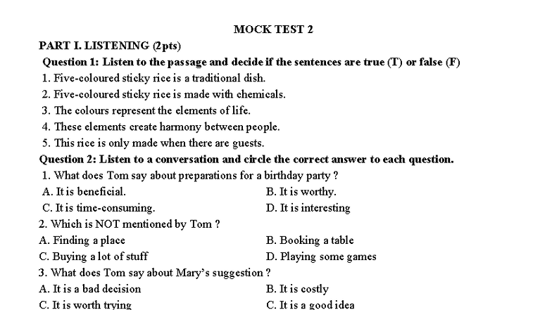 MOCK TEST 2 - Listening & Language Practice - Studocu