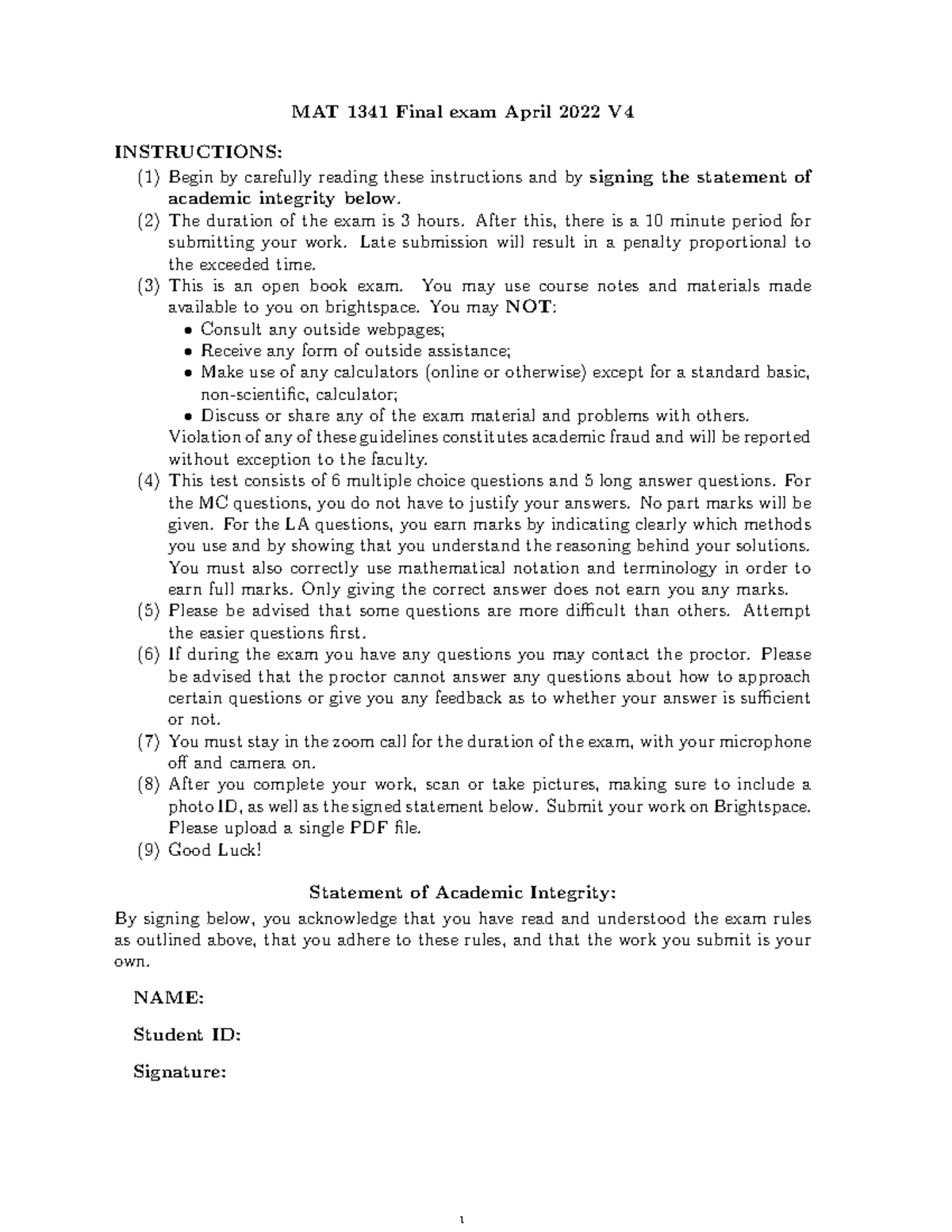 MAT 1341 Final Exam Instructions and Questions - April 2022 Version - Studocu