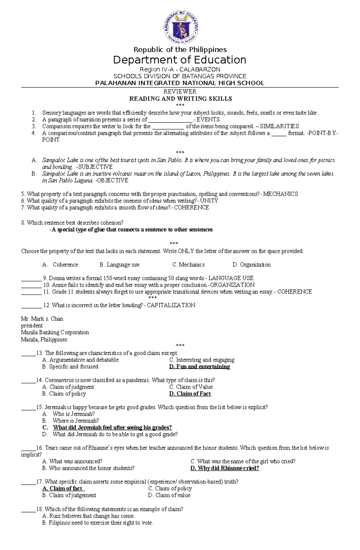 Reading and Writing Skills 1 Reviewer for Grade 11 - PALAHANAN - Studocu